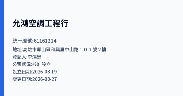 允鴻空調工程行的照片-統編 61161214(高雄市) 公司登記資料與營業項目詳細圖表