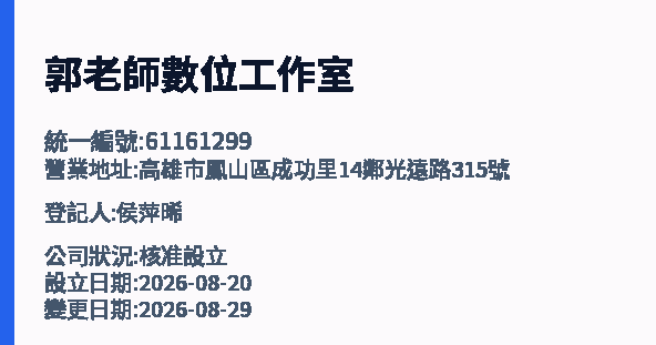郭老師數位工作室的照片-統編 61161299(高雄市) 公司登記資料與營業項目詳細圖表