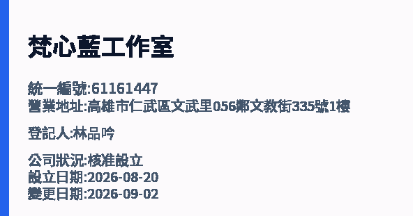 梵心藍工作室的照片-統編 61161447(高雄市) 公司登記資料與營業項目詳細圖表