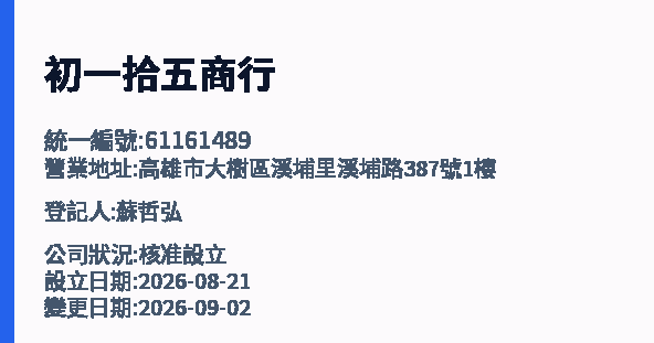 初一拾五商行的照片-統編 61161489(高雄市) 公司登記資料與營業項目詳細圖表