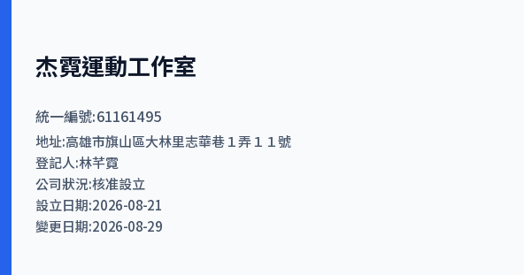 杰霓運動工作室的照片-統編 61161495(高雄市) 公司登記資料與營業項目詳細圖表