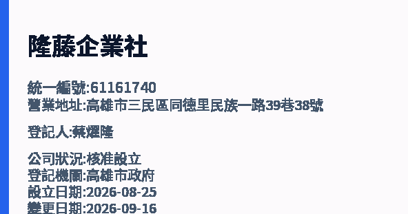 隆藤企業社的照片-統編 61161740(高雄市) 公司登記資料與營業項目詳細圖表