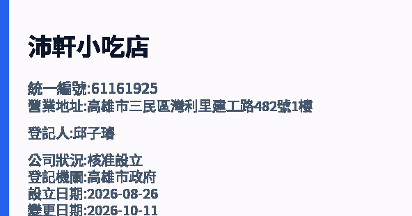 沛軒小吃店的照片-統編 61161925(高雄市) 公司登記資料與營業項目詳細圖表