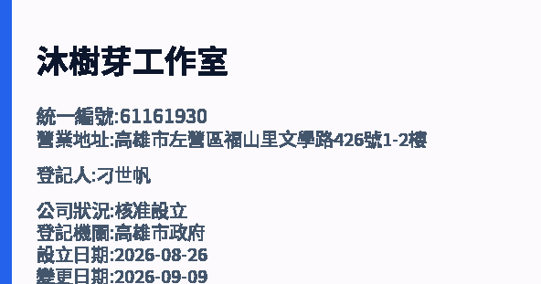 沐樹芽工作室的照片-統編 61161930(高雄市) 公司登記資料與營業項目詳細圖表