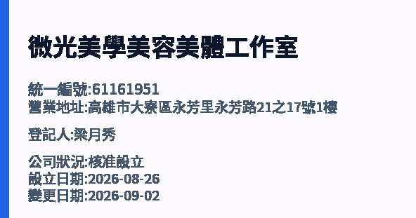 微光美學美容美體工作室的照片-統編 61161951(高雄市) 公司登記資料與營業項目詳細圖表