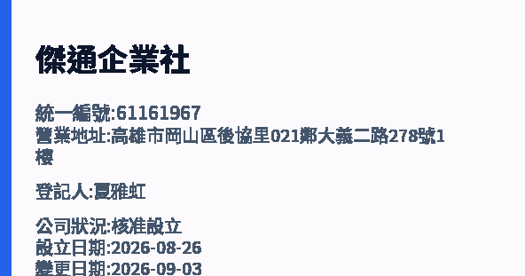 傑通企業社的照片-統編 61161967(高雄市) 公司登記資料與營業項目詳細圖表