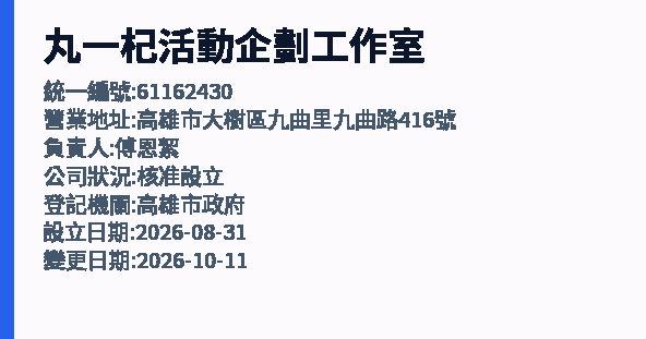 丸一杞活動企劃工作室的照片-統編 61162430(高雄市) 公司登記資料與營業項目詳細圖表