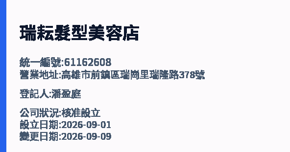 瑞耘髮型美容店的照片-統編 61162608(高雄市) 公司登記資料與營業項目詳細圖表