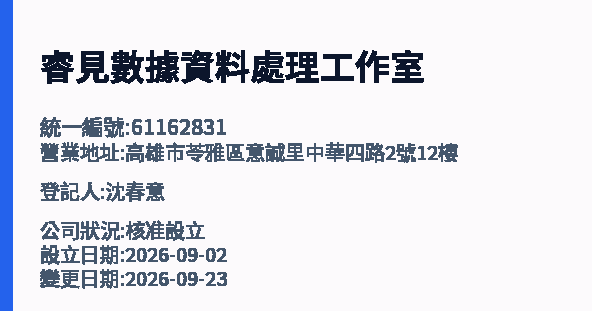 睿見數據資料處理工作室的照片-統編 61162831(高雄市) 公司登記資料與營業項目詳細圖表