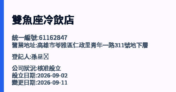 雙魚座冷飲店的照片-統編 61162847(高雄市) 公司登記資料與營業項目詳細圖表