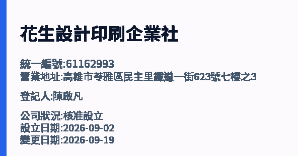 花生設計印刷企業社的照片-統編 61162993(高雄市) 公司登記資料與營業項目詳細圖表