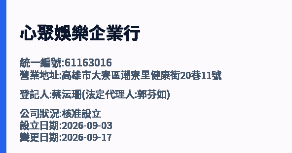 心聚娛樂企業行的照片-統編 61163016(高雄市) 公司登記資料與營業項目詳細圖表