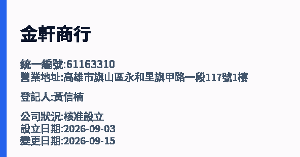 金軒商行的照片-統編 61163310(高雄市) 公司登記資料與營業項目詳細圖表