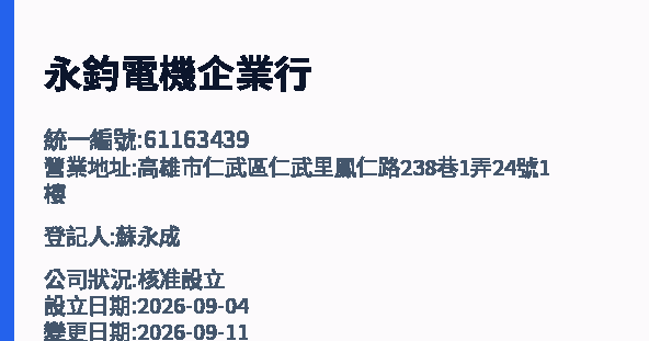 永鈞電機企業行的照片-統編 61163439(高雄市) 公司登記資料與營業項目詳細圖表