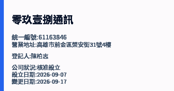 零玖壹捌通訊的照片-統編 61163846(高雄市) 公司登記資料與營業項目詳細圖表