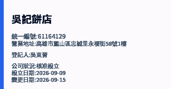 吳記餅店的照片-統編 61164129(高雄市) 公司登記資料與營業項目詳細圖表