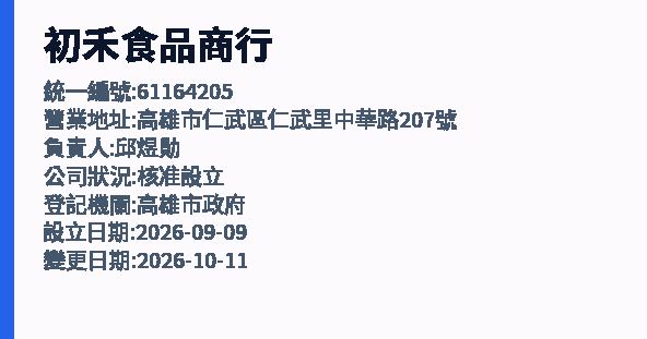 初禾食品商行的照片-統編 61164205(高雄市) 公司登記資料與營業項目詳細圖表