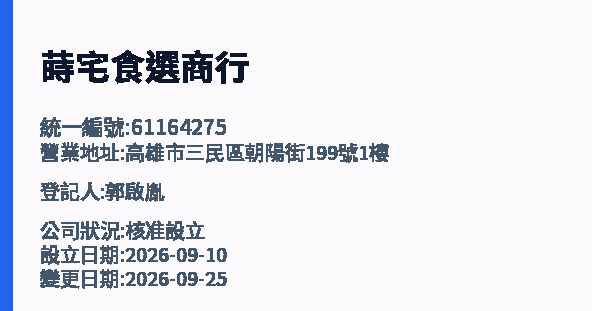蒔宅食選商行的照片-統編 61164275(高雄市) 公司登記資料與營業項目詳細圖表
