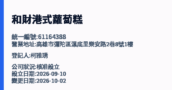 和財港式蘿蔔糕的照片-統編 61164388(高雄市) 公司登記資料與營業項目詳細圖表