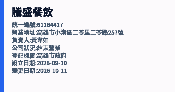 騰盛餐飲的照片-統編 61164417(高雄市) 公司登記資料與營業項目詳細圖表
