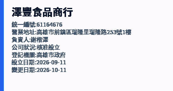 澤豐食品商行的照片-統編 61164676(高雄市) 公司登記資料與營業項目詳細圖表