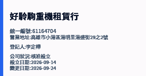 好駖駒重機租賃行的照片-統編 61164704(高雄市) 公司登記資料與營業項目詳細圖表