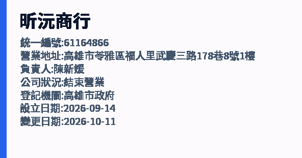 昕沅商行的照片-統編 61164866(高雄市) 公司登記資料與營業項目詳細圖表