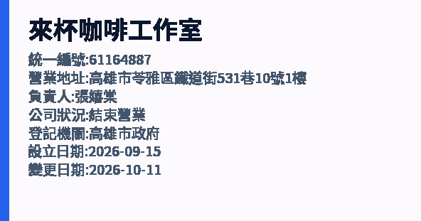 來杯咖啡工作室的照片-統編 61164887(高雄市) 公司登記資料與營業項目詳細圖表