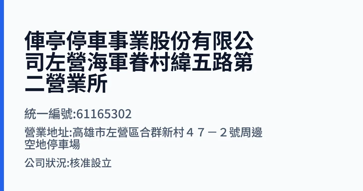 俥亭停車事業股份有限公司左營海軍眷村緯五路第二營業所 - 統編 61165302(高雄市) 公司登記資料與營業項目詳細圖表