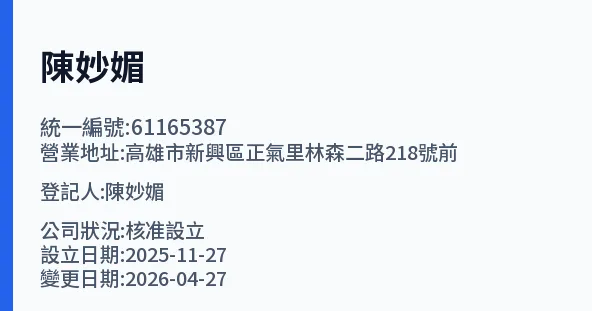 陳妙媚的照片-統編 61165387(高雄市) 公司登記資料與營業項目詳細圖表