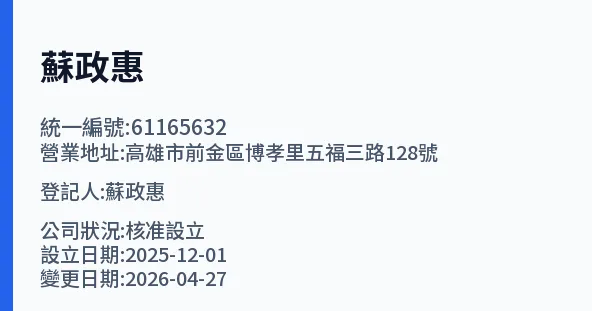 蘇政惠的照片-統編 61165632(高雄市) 公司登記資料與營業項目詳細圖表