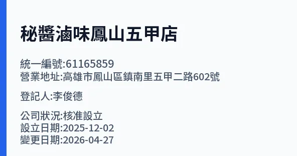 秘醬滷味鳳山五甲店的照片-統編 61165859(高雄市) 公司登記資料與營業項目詳細圖表