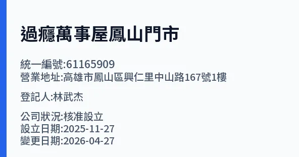 過癮萬事屋鳳山門市的照片-統編 61165909(高雄市) 公司登記資料與營業項目詳細圖表
