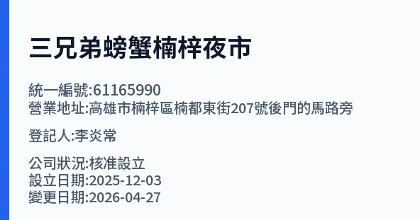 三兄弟螃蟹楠梓夜市的照片-統編 61165990(高雄市) 公司登記資料與營業項目詳細圖表