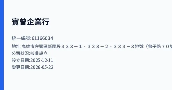 寶曾企業行的照片-統編 61166034(高雄市) 公司登記資料與營業項目詳細圖表