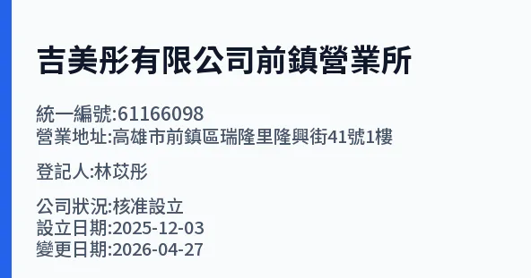 吉美彤有限公司前鎮營業所的照片-統編 61166098(高雄市) 公司登記資料與營業項目詳細圖表