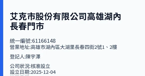 艾克市股份有限公司高雄湖內長春門市的照片-統編 61166148(高雄市) 公司登記資料與營業項目詳細圖表