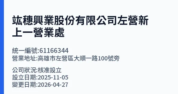 竑穗興業股份有限公司左營新上一營業處的照片-統編 61166344(高雄市) 公司登記資料與營業項目詳細圖表