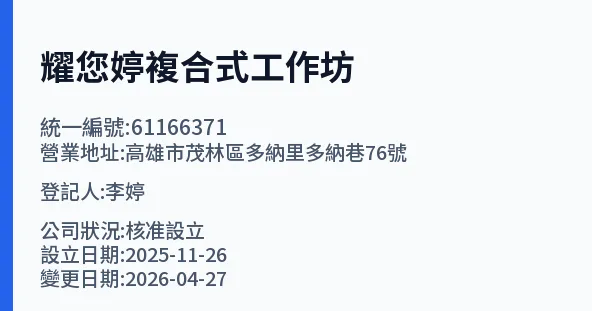 耀您婷複合式工作坊的照片-統編 61166371(高雄市) 公司登記資料與營業項目詳細圖表