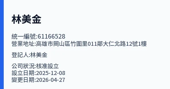 林美金的照片-統編 61166528(高雄市) 公司登記資料與營業項目詳細圖表