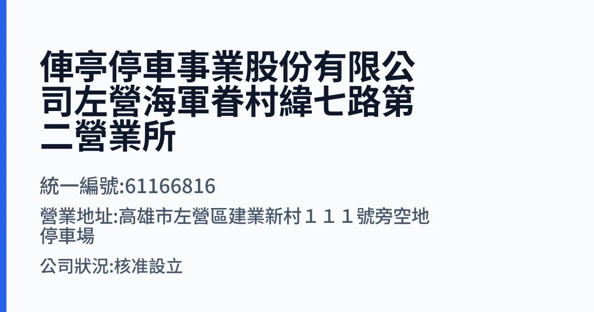 俥亭停車事業股份有限公司左營海軍眷村緯七路第二營業所 - 統編 61166816(高雄市) 公司登記資料與營業項目詳細圖表