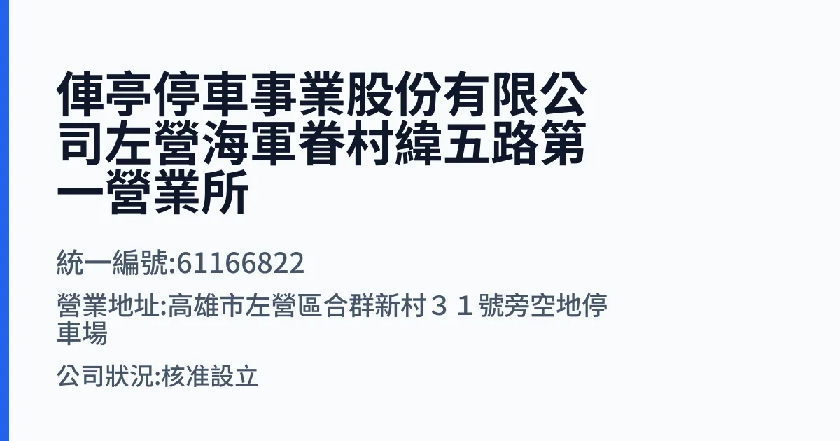 俥亭停車事業股份有限公司左營海軍眷村緯五路第一營業所 - 統編 61166822(高雄市) 公司登記資料與營業項目詳細圖表