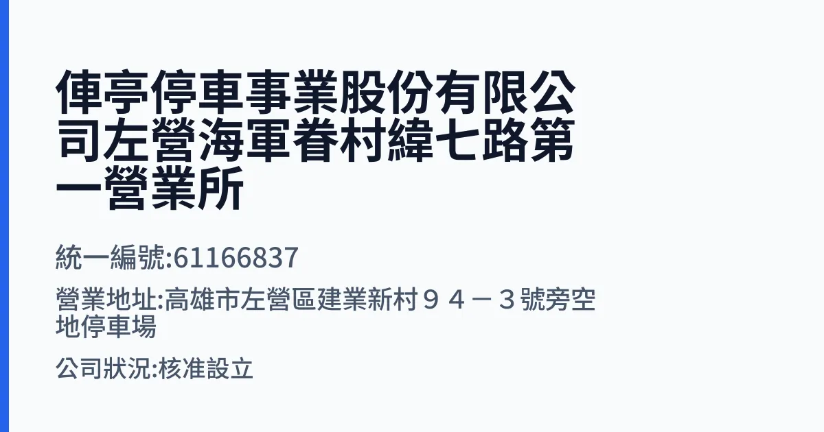 俥亭停車事業股份有限公司左營海軍眷村緯七路第一營業所 - 統編 61166837(高雄市) 公司登記資料與營業項目詳細圖表
