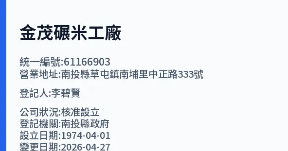 金茂碾米工廠的照片-統編 61166903(南投縣) 公司登記資料與營業項目詳細圖表