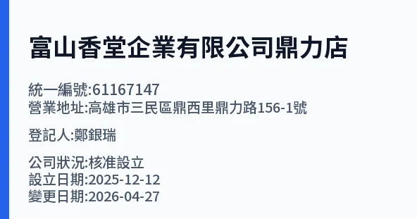 富山香堂企業有限公司鼎力店的照片-統編 61167147(高雄市) 公司登記資料與營業項目詳細圖表