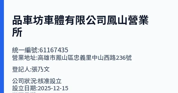 品車坊車體有限公司鳳山營業所的照片-統編 61167435(高雄市) 公司登記資料與營業項目詳細圖表