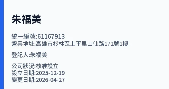 朱福美的照片-統編 61167913(高雄市) 公司登記資料與營業項目詳細圖表
