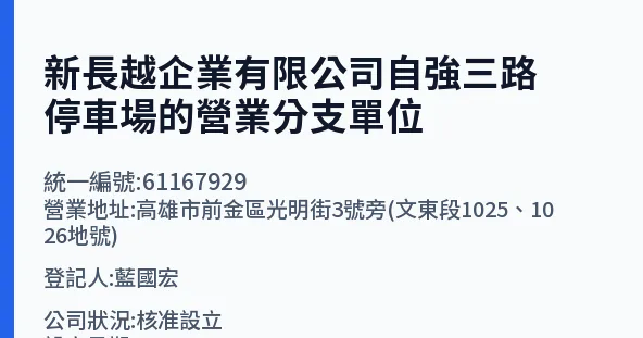 新長越企業有限公司自強三路停車場的營業分支單位的照片-統編 61167929(高雄市) 公司登記資料與營業項目詳細圖表