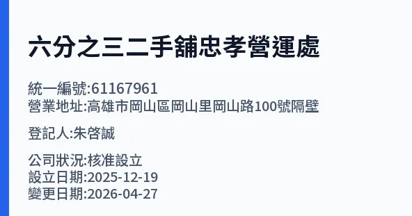 六分之三二手舖忠孝營運處的照片-統編 61167961(高雄市) 公司登記資料與營業項目詳細圖表