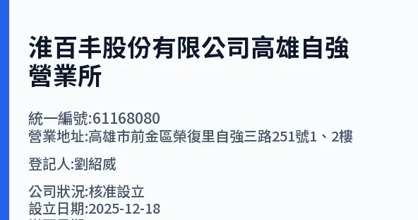 淮百丰股份有限公司高雄自強營業所的照片-統編 61168080(高雄市) 公司登記資料與營業項目詳細圖表
